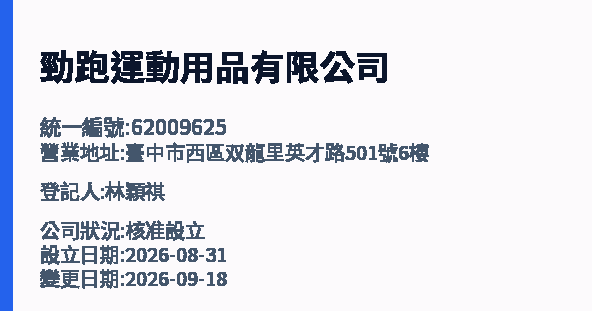 勁跑運動用品有限公司的照片-統編 62009625(臺中市) 公司登記資料與營業項目詳細圖表