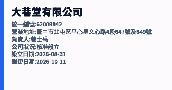 大巷堂有限公司的照片-統編 62009842(臺中市) 公司登記資料與營業項目詳細圖表