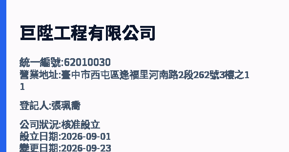 巨陞工程有限公司的照片-統編 62010030(臺中市) 公司登記資料與營業項目詳細圖表