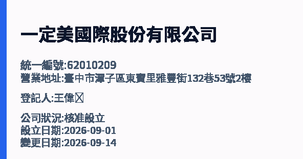 一定美國際股份有限公司的照片-統編 62010209(臺中市) 公司登記資料與營業項目詳細圖表