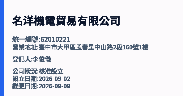 名洋機電貿易有限公司的照片-統編 62010221(臺中市) 公司登記資料與營業項目詳細圖表