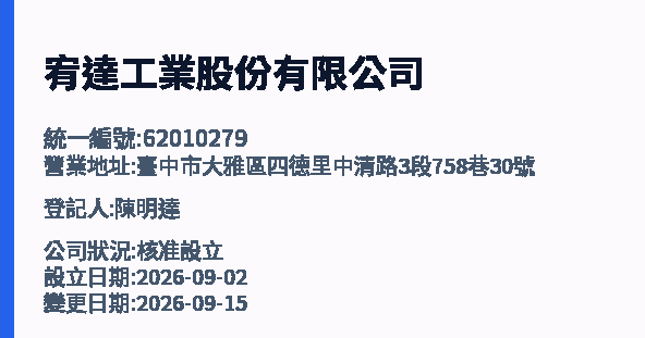 宥達工業股份有限公司的照片-統編 62010279(臺中市) 公司登記資料與營業項目詳細圖表