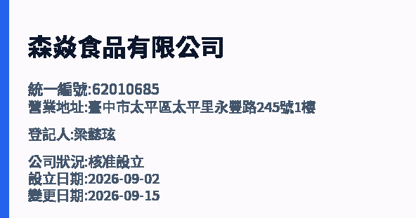 森焱食品有限公司的照片-統編 62010685(臺中市) 公司登記資料與營業項目詳細圖表