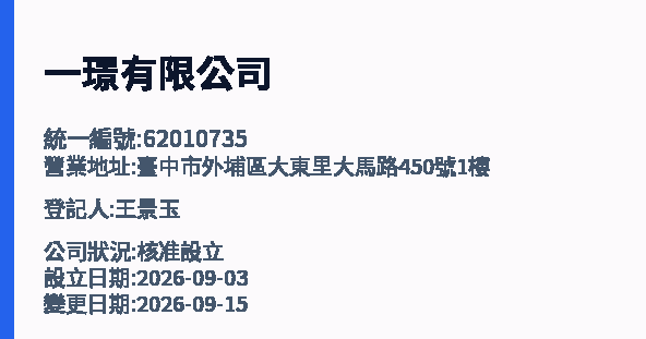 一璟有限公司的照片-統編 62010735(臺中市) 公司登記資料與營業項目詳細圖表