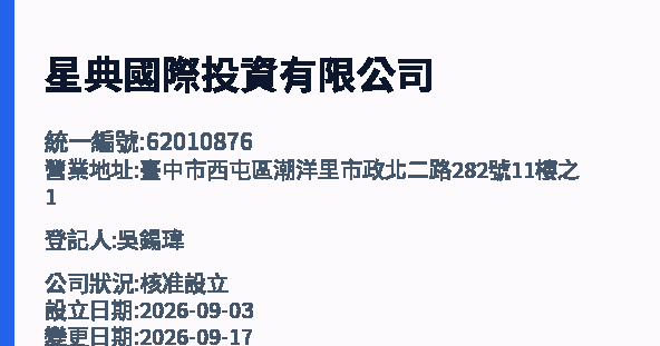 星典國際投資有限公司的照片-統編 62010876(臺中市) 公司登記資料與營業項目詳細圖表