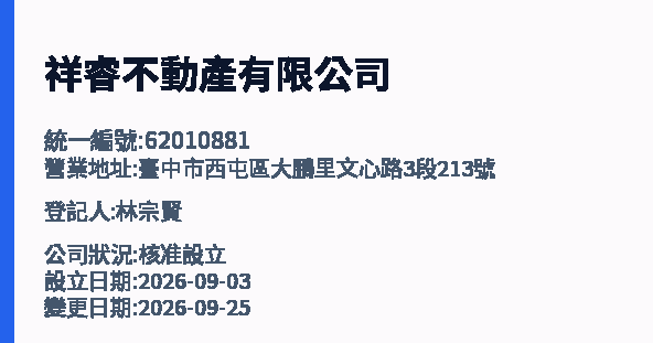 祥睿不動產有限公司的照片-統編 62010881(臺中市) 公司登記資料與營業項目詳細圖表