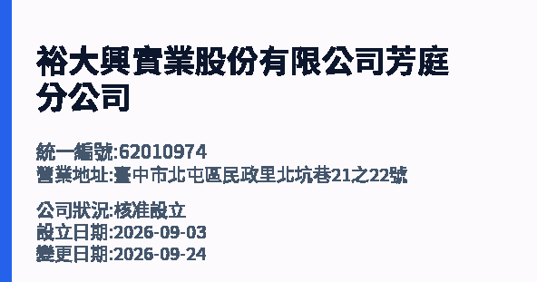 裕大興實業股份有限公司芳庭分公司的照片-統編 62010974(臺中市) 公司登記資料與營業項目詳細圖表