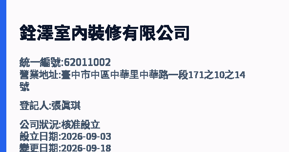 銓澤室內裝修有限公司的照片-統編 62011002(臺中市) 公司登記資料與營業項目詳細圖表