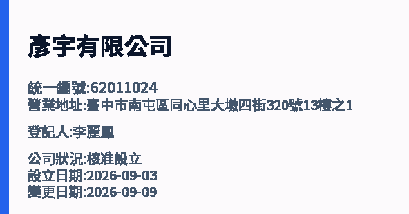 彥宇有限公司的照片-統編 62011024(臺中市) 公司登記資料與營業項目詳細圖表