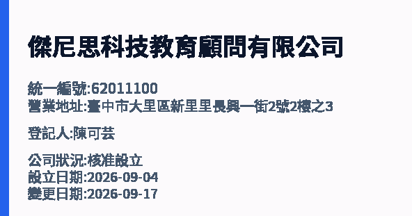 傑尼思科技教育顧問有限公司的照片-統編 62011100(臺中市) 公司登記資料與營業項目詳細圖表