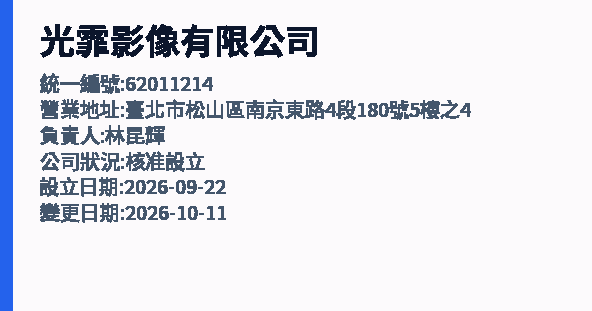光霏影像有限公司的照片-統編 62011214(臺北市) 公司登記資料與營業項目詳細圖表