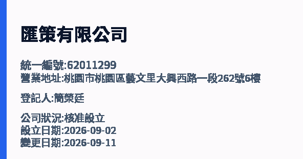匯策有限公司的照片-統編 62011299(桃園市) 公司登記資料與營業項目詳細圖表