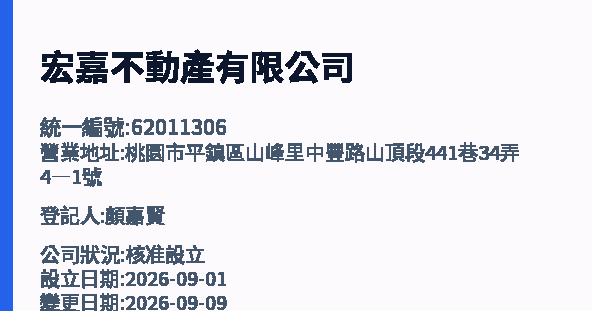 宏嘉不動產有限公司的照片-統編 62011306(桃園市) 公司登記資料與營業項目詳細圖表