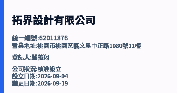 拓界設計有限公司的照片-統編 62011376(桃園市) 公司登記資料與營業項目詳細圖表