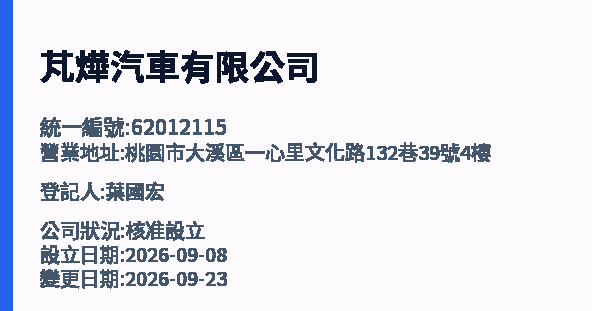 芃燁汽車有限公司的照片-統編 62012115(桃園市) 公司登記資料與營業項目詳細圖表