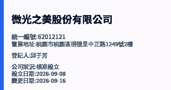 微光之美股份有限公司的照片-統編 62012121(桃園市) 公司登記資料與營業項目詳細圖表