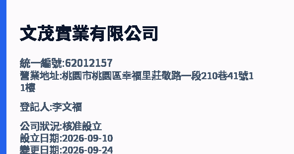 文茂實業有限公司的照片-統編 62012157(桃園市) 公司登記資料與營業項目詳細圖表