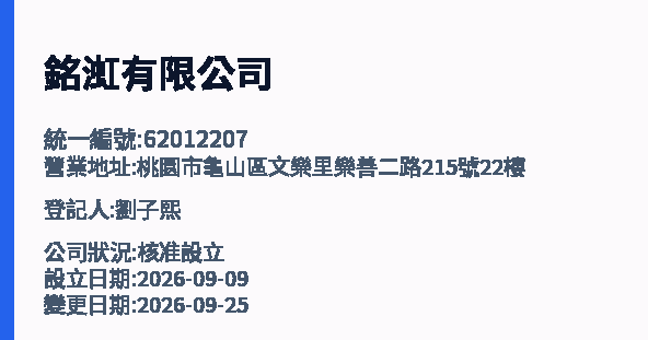 銘渱有限公司的照片-統編 62012207(桃園市) 公司登記資料與營業項目詳細圖表