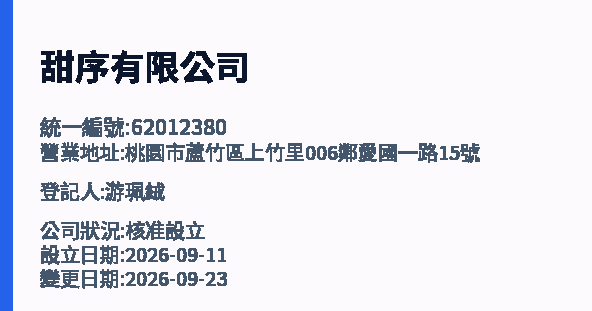 甜序有限公司的照片-統編 62012380(桃園市) 公司登記資料與營業項目詳細圖表