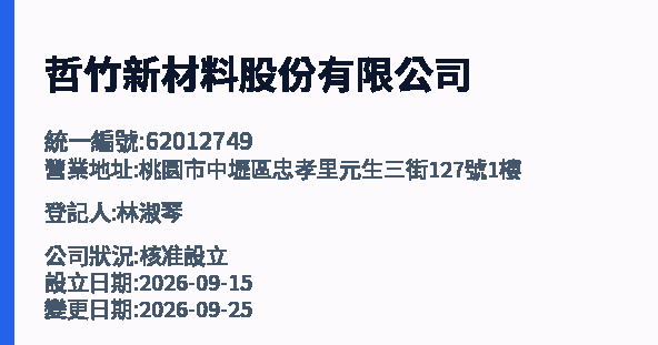 哲竹新材料股份有限公司的照片-統編 62012749(桃園市) 公司登記資料與營業項目詳細圖表