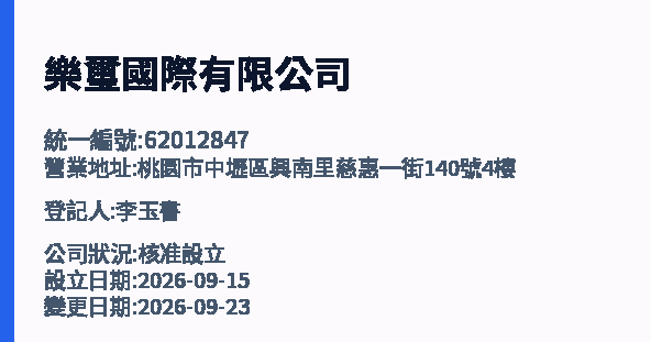 樂璽國際有限公司的照片-統編 62012847(桃園市) 公司登記資料與營業項目詳細圖表
