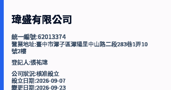 瑋盛有限公司的照片-統編 62013374(臺中市) 公司登記資料與營業項目詳細圖表