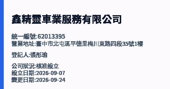 鑫精靈車業服務有限公司的照片-統編 62013395(臺中市) 公司登記資料與營業項目詳細圖表