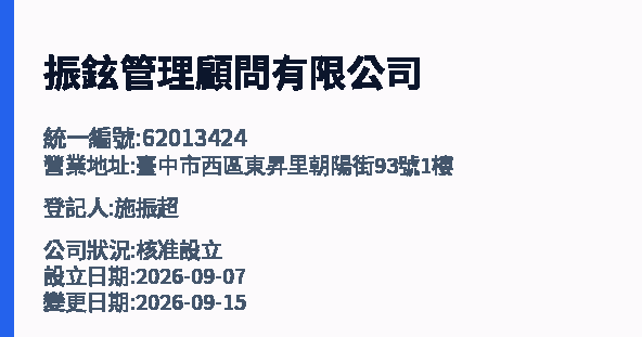 振鉉管理顧問有限公司的照片-統編 62013424(臺中市) 公司登記資料與營業項目詳細圖表