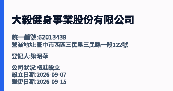 大毅健身事業股份有限公司的照片-統編 62013439(臺中市) 公司登記資料與營業項目詳細圖表