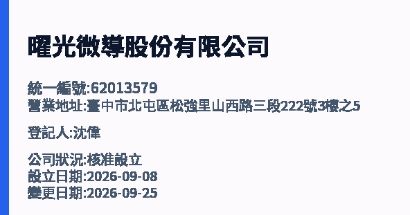 曜光微導股份有限公司的照片-統編 62013579(臺中市) 公司登記資料與營業項目詳細圖表