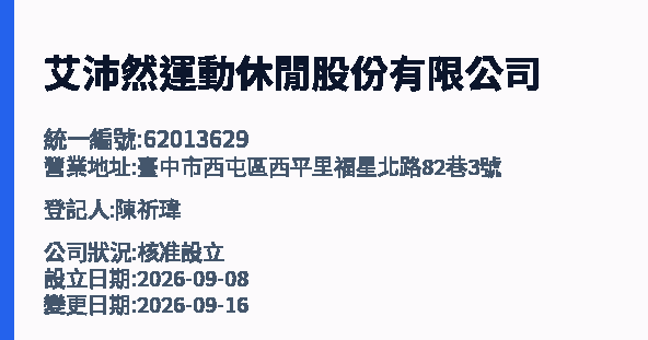 艾沛然運動休閒股份有限公司的照片-統編 62013629(臺中市) 公司登記資料與營業項目詳細圖表