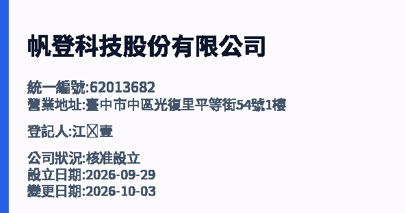 帆登科技股份有限公司的照片-統編 62013682(臺中市) 公司登記資料與營業項目詳細圖表