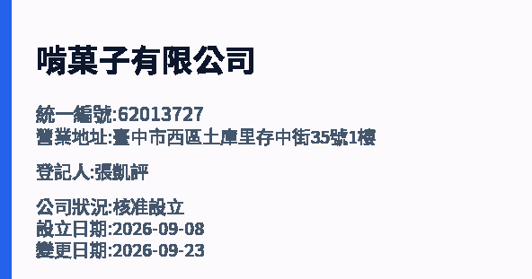 啃菓子有限公司的照片-統編 62013727(臺中市) 公司登記資料與營業項目詳細圖表