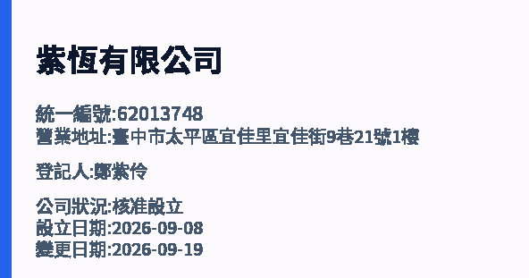紫恆有限公司的照片-統編 62013748(臺中市) 公司登記資料與營業項目詳細圖表