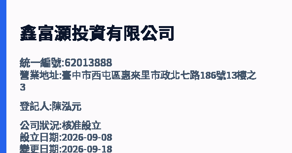 鑫富灝投資有限公司的照片-統編 62013888(臺中市) 公司登記資料與營業項目詳細圖表