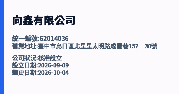 向鑫有限公司的照片-統編 62014036(臺中市) 公司登記資料與營業項目詳細圖表