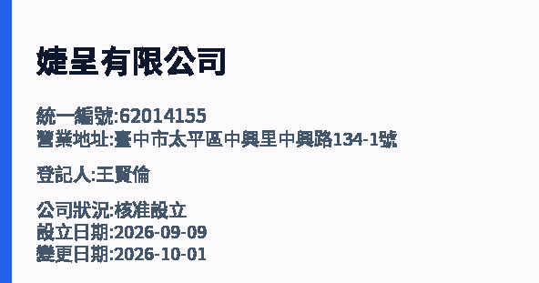 婕呈有限公司的照片-統編 62014155(臺中市) 公司登記資料與營業項目詳細圖表