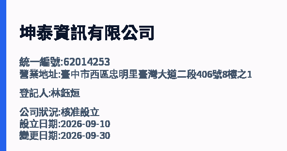 坤泰資訊有限公司的照片-統編 62014253(臺中市) 公司登記資料與營業項目詳細圖表