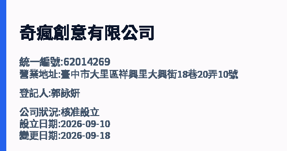 奇瘋創意有限公司的照片-統編 62014269(臺中市) 公司登記資料與營業項目詳細圖表