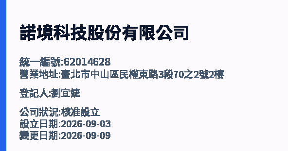 諾境科技股份有限公司的照片-統編 62014628(臺北市) 公司登記資料與營業項目詳細圖表