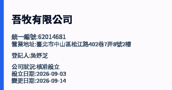 吾牧有限公司的照片-統編 62014681(臺北市) 公司登記資料與營業項目詳細圖表