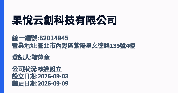 果悅云創科技有限公司的照片-統編 62014845(臺北市) 公司登記資料與營業項目詳細圖表