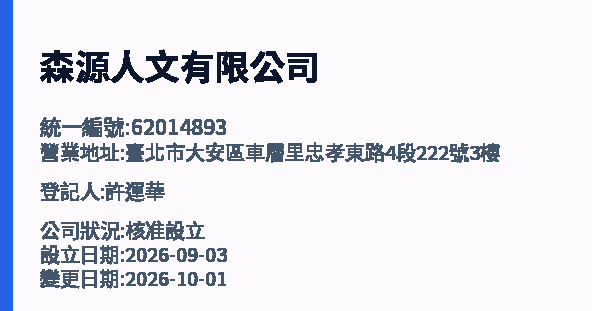 森源人文有限公司的照片-統編 62014893(臺北市) 公司登記資料與營業項目詳細圖表