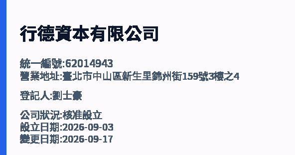 行德資本有限公司的照片-統編 62014943(臺北市) 公司登記資料與營業項目詳細圖表