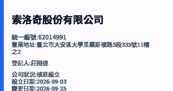 索洛奇股份有限公司的照片-統編 62014991(臺北市) 公司登記資料與營業項目詳細圖表