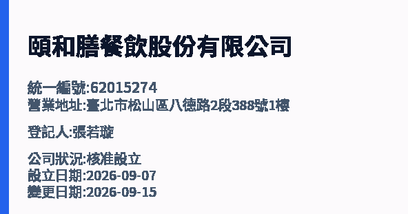 頤和膳餐飲股份有限公司的照片-統編 62015274(臺北市) 公司登記資料與營業項目詳細圖表