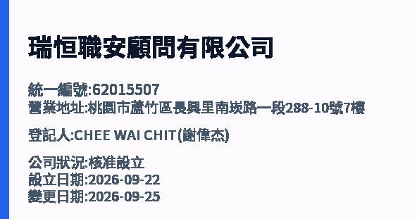 瑞恒職安顧問有限公司的照片-統編 62015507(桃園市) 公司登記資料與營業項目詳細圖表