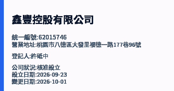 鑫豐控股有限公司的照片-統編 62015746(桃園市) 公司登記資料與營業項目詳細圖表