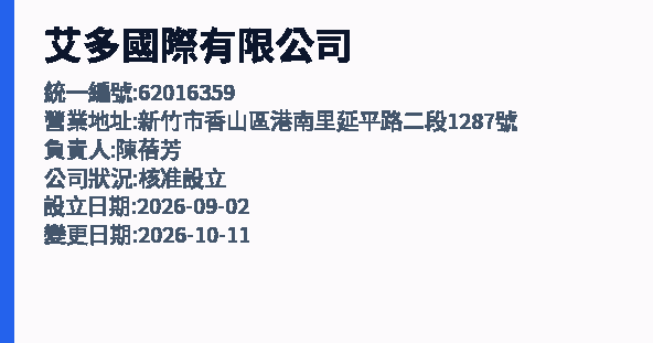 艾多國際有限公司的照片-統編 62016359(新竹市) 公司登記資料與營業項目詳細圖表