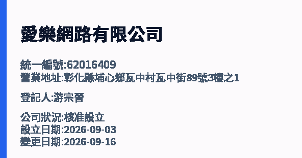 愛樂網路有限公司的照片-統編 62016409(彰化縣) 公司登記資料與營業項目詳細圖表